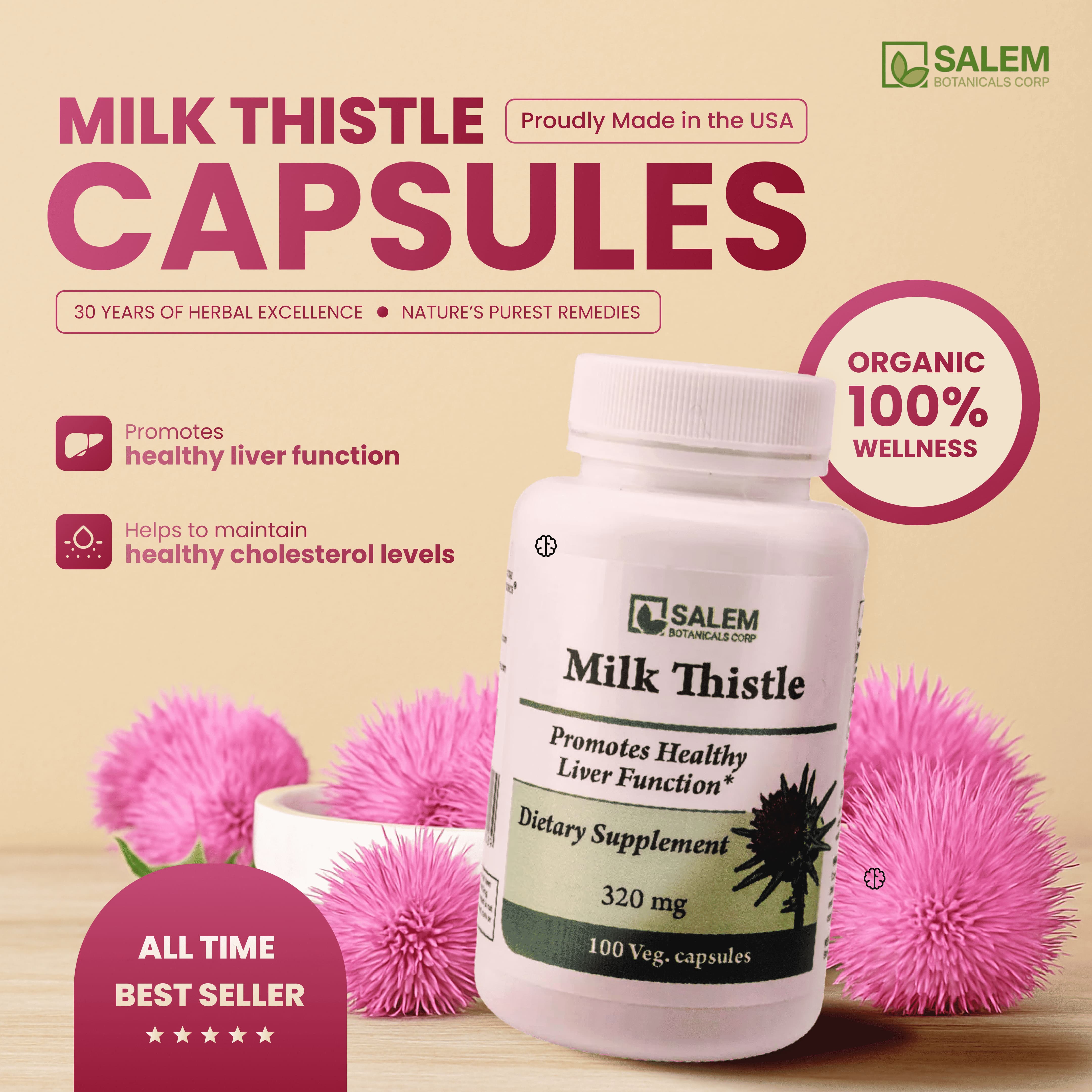 Milk Thistle Capsules - Single Pack of 100 Capsules | Salem Botanicals